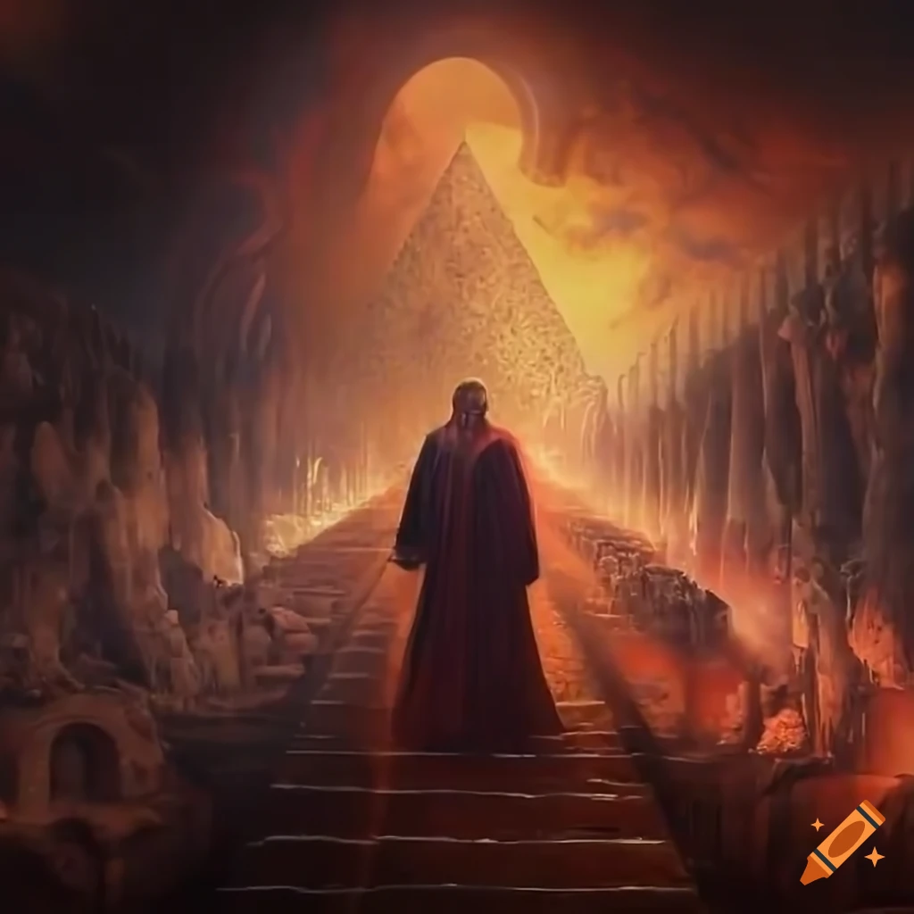 Jesus in hell surrounded by demons in a panorama fantasy scene with shimmering rays on Craiyon