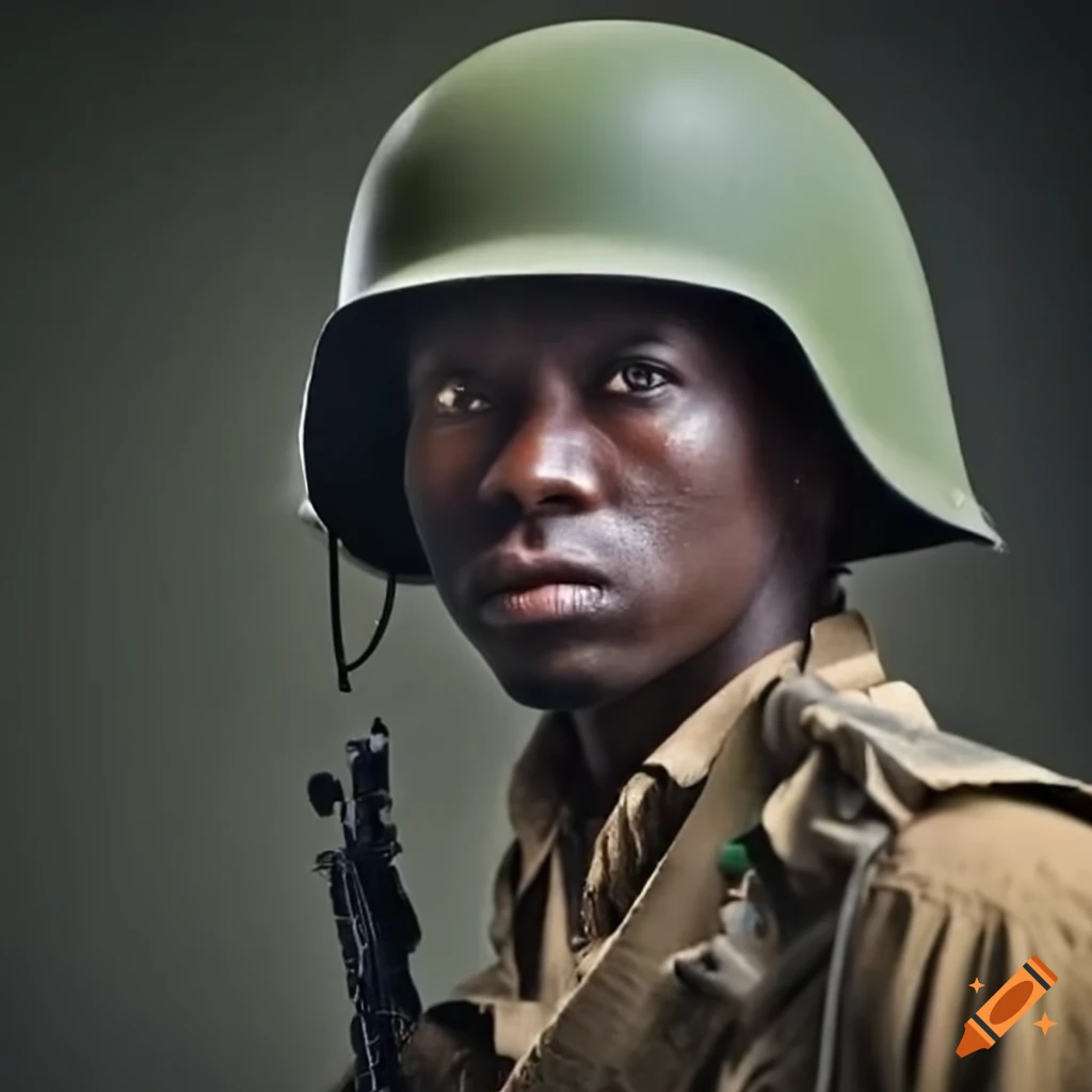 African soldier in uniform wearing an American M1 helmet from the 1950s ...