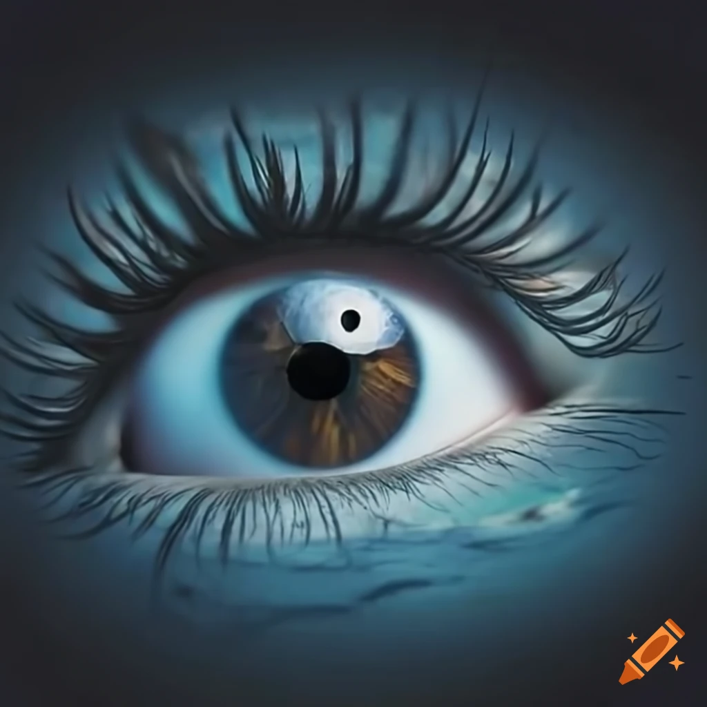 Close-up of giant eye reflecting moonglade with ocean and moon in pupil ...