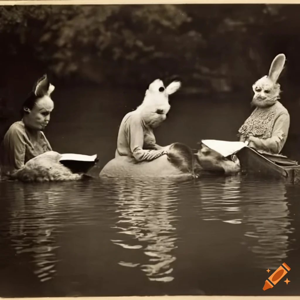 Vintage photograph of rabbit-headed people reading by a lake on Craiyon