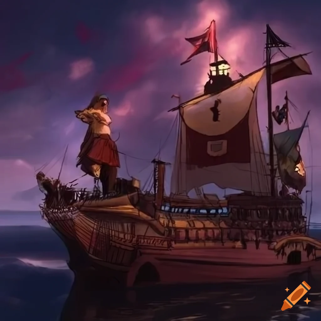 Seafaring merchant galleon with fox flag in a medieval fantasy setting ...