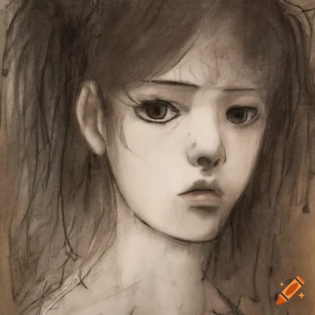 Girl with fluttering hair in charcoal drawing style on Craiyon