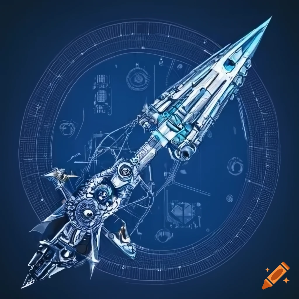 Detailed engineering drawing of a light spear weapon on Craiyon