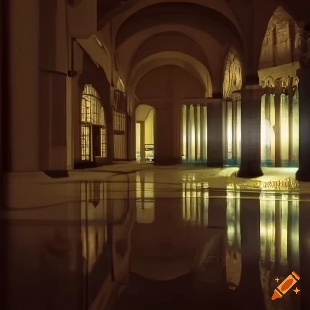 Realistic depiction of an abandoned and empty mall with dim lighting on ...