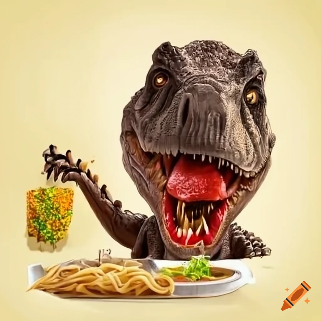 Tyrannosaurus rex enjoying pasta on Craiyon