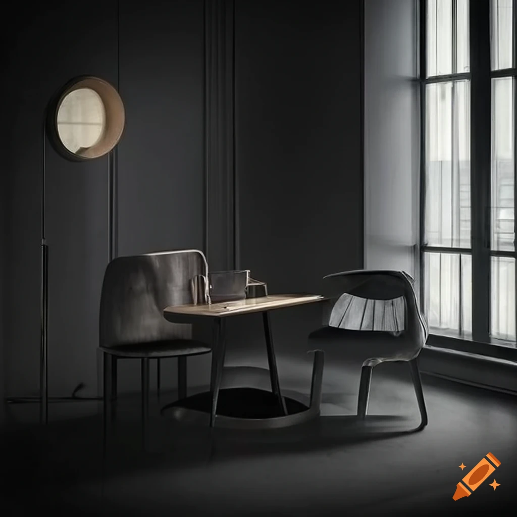 Austere interrogation room with metal table and hard chairs on Craiyon