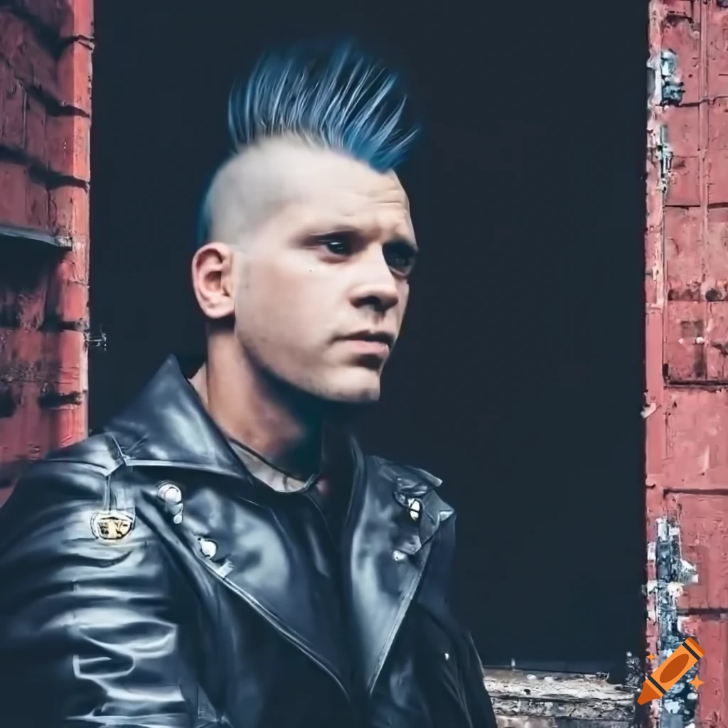 English punk-rocker man with mohawk hairstyle in a urban setting on Craiyon