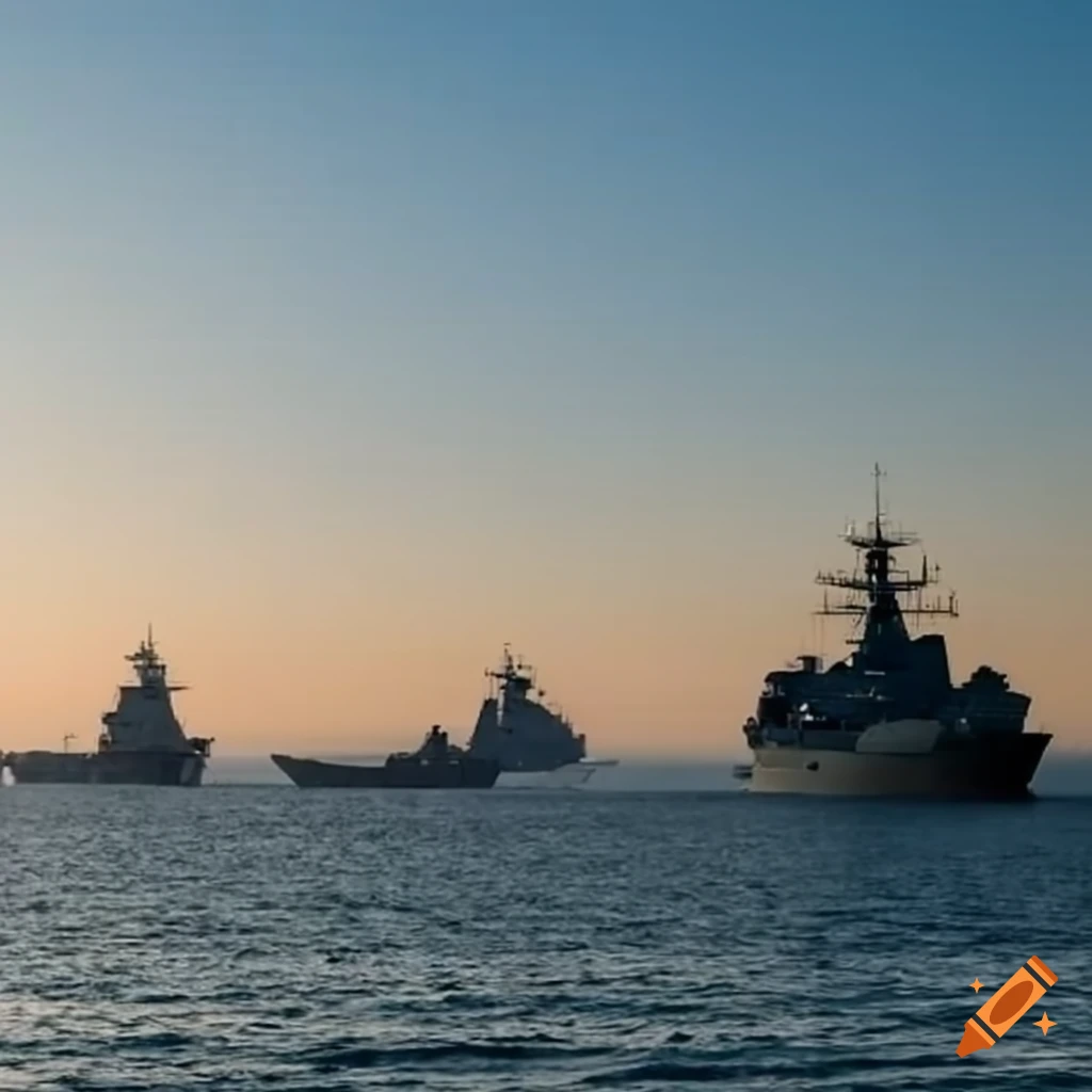 Modern naval ships approaching shore in the morning sun on Craiyon