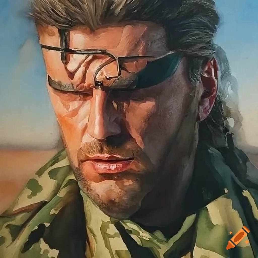 Hyperrealistic portrait of solid snake in desert camouflage on Craiyon