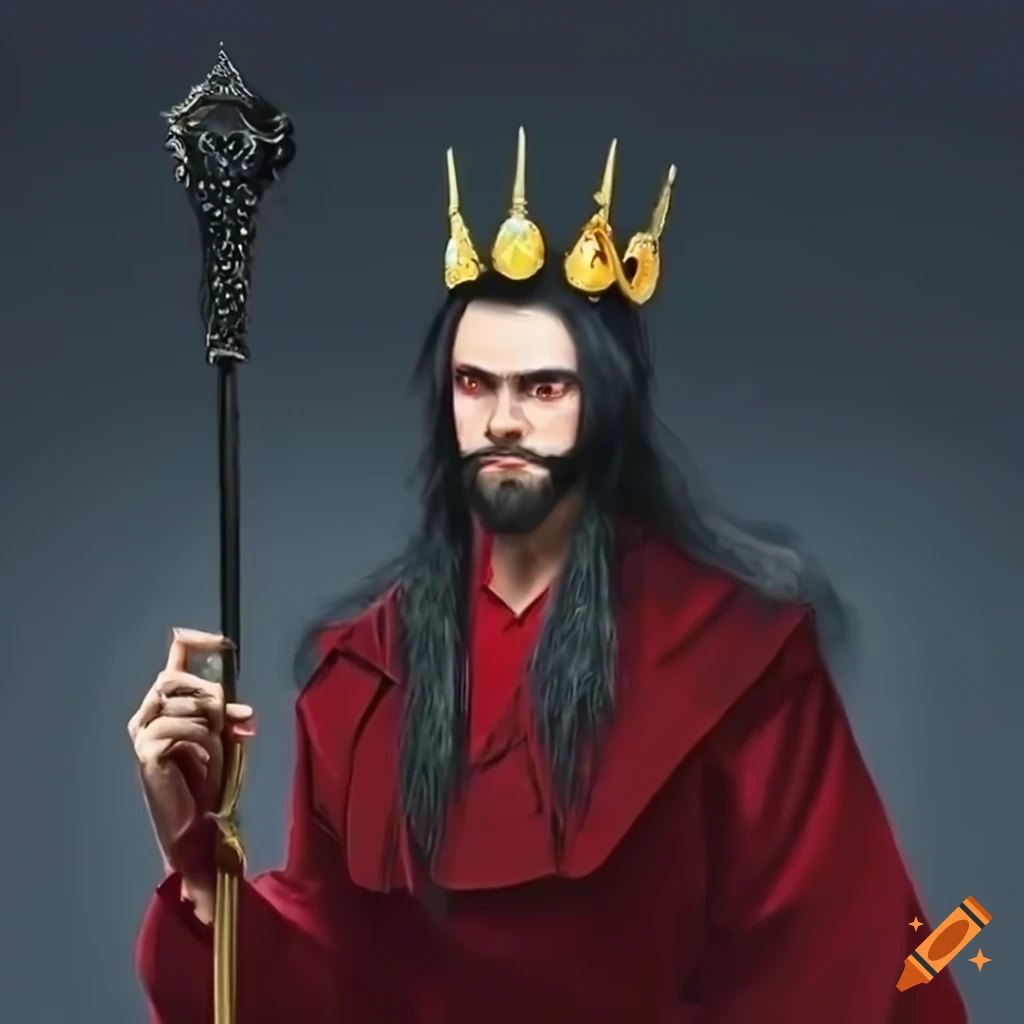 Handsome man in red robe with crown on stage holding a staff on Craiyon