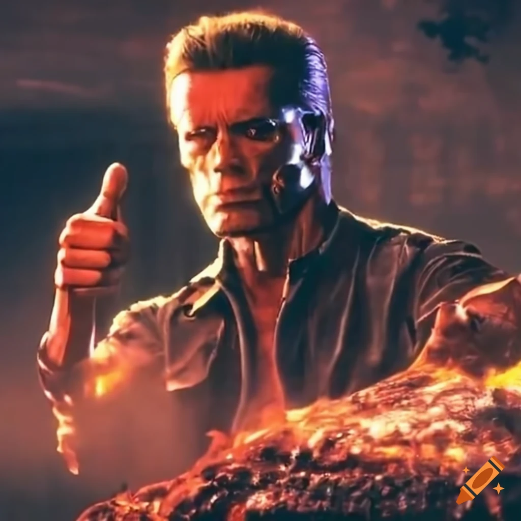 Iconic scene from Terminator 2: Judgment Day with a thumbs-up at a lava ...