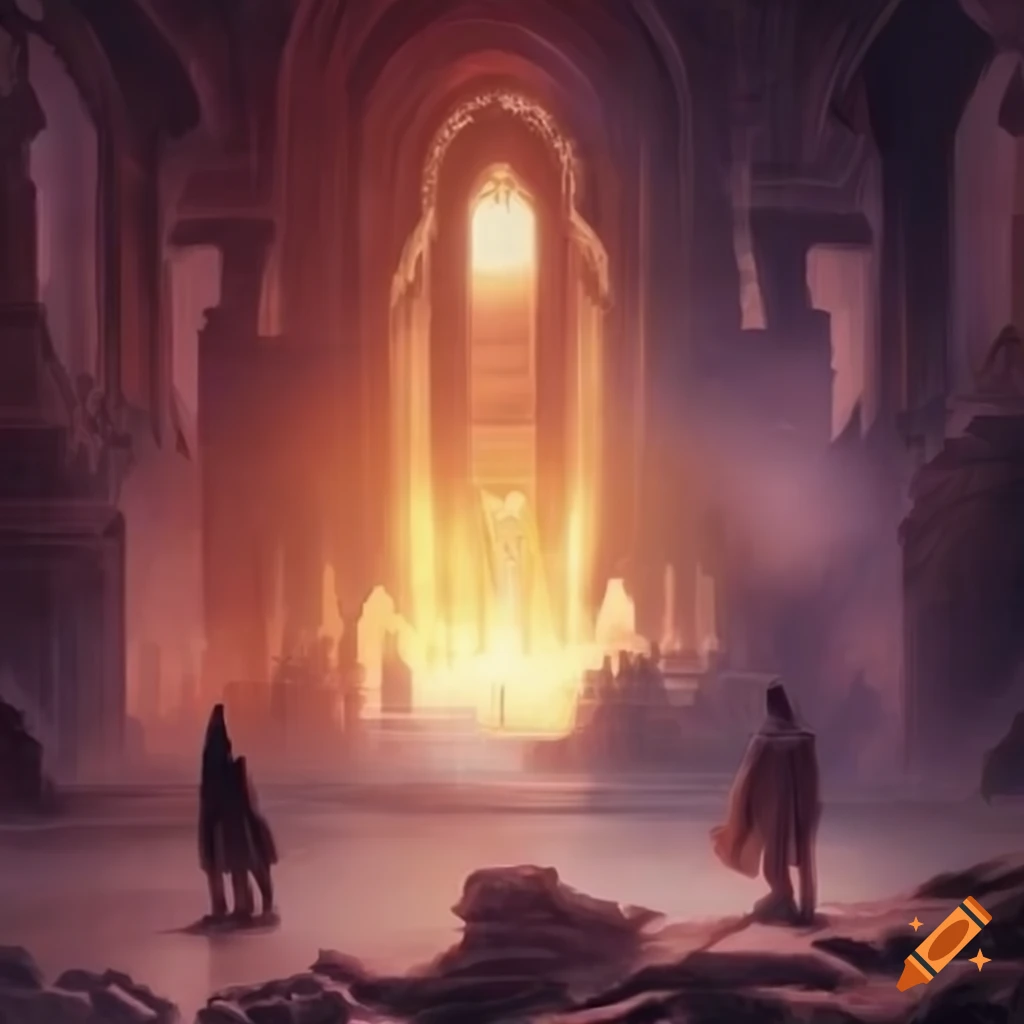 Fantasy scene with a battle between light and shadow at the fortress ...