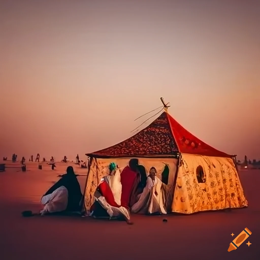 Traditional Arabic tent in desert with people in traditional clothing ...