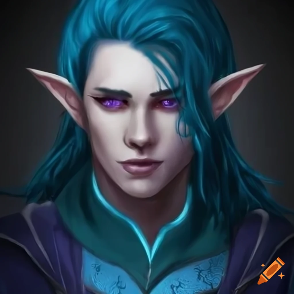 Male elf with black-blue hair, pale blueish skin, and purple eyes in ...