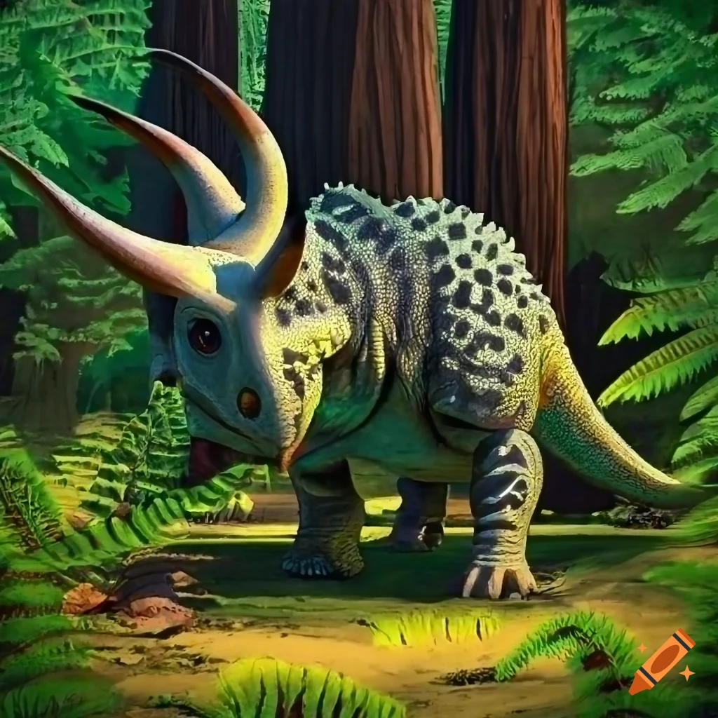 Big protoceratops in a forest clearing with fallen trees on Craiyon