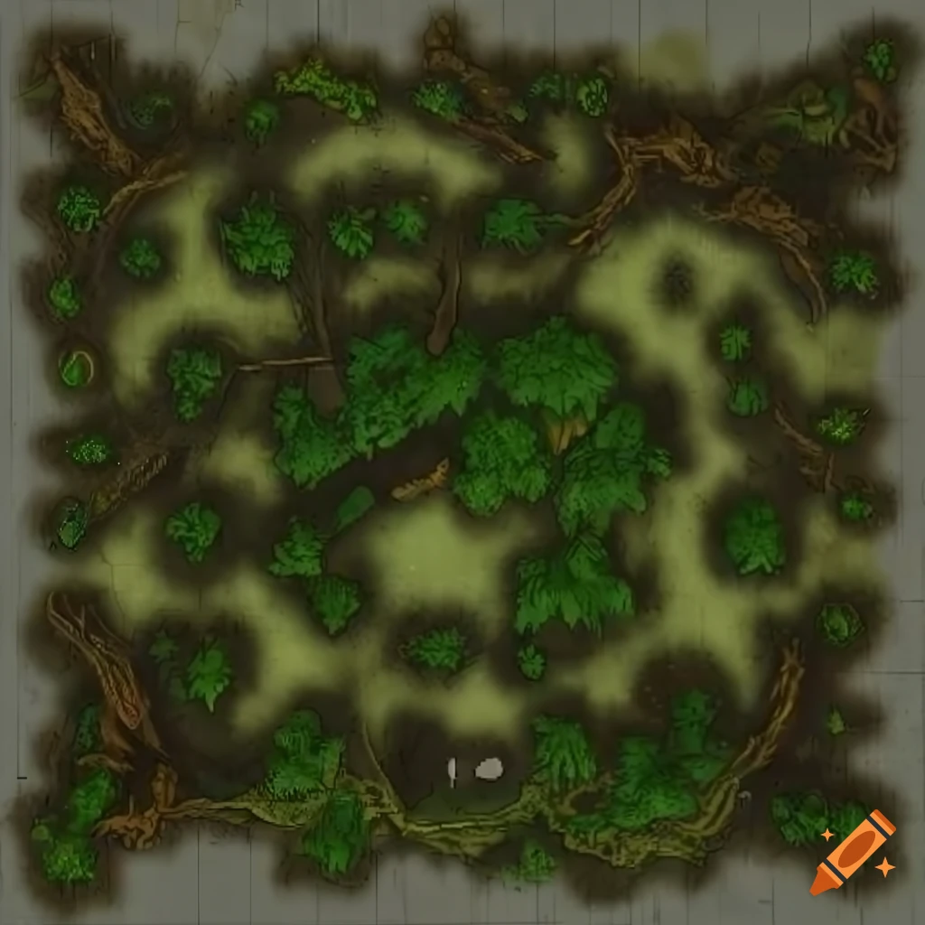 Dense and ancient forest with towering trees, underbrush, fallen leaves ...