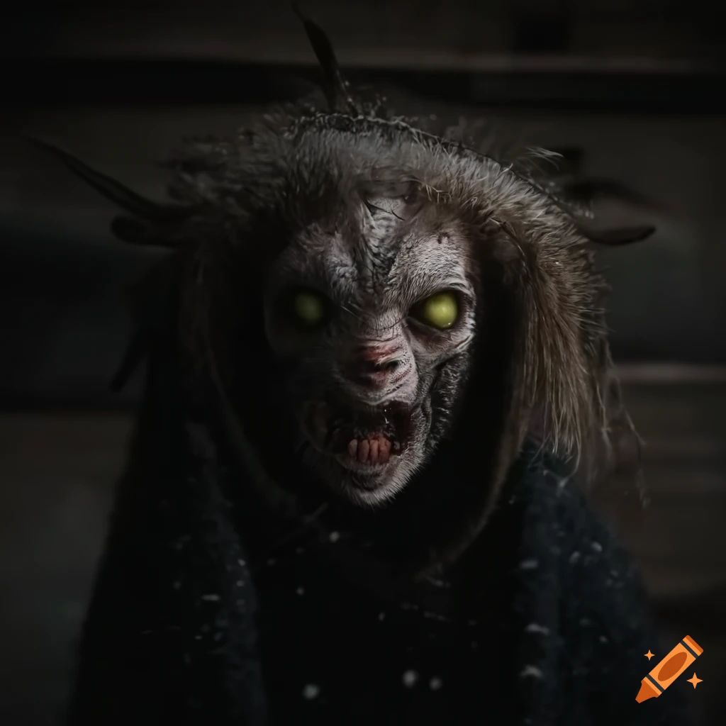 Small hairy scary demon with big eyes and teeth hiding in a dark ...