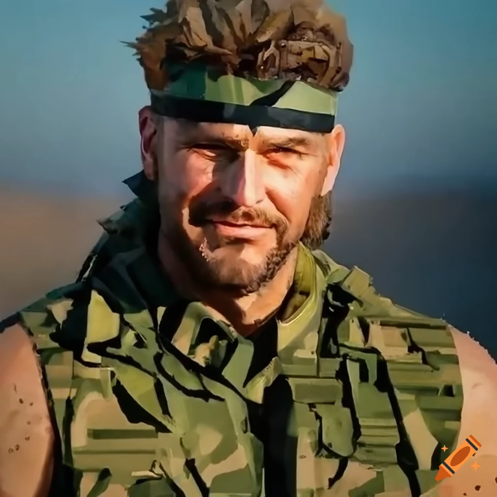 Portrait of solid snake in desert with bandana and camouflage outfit on ...