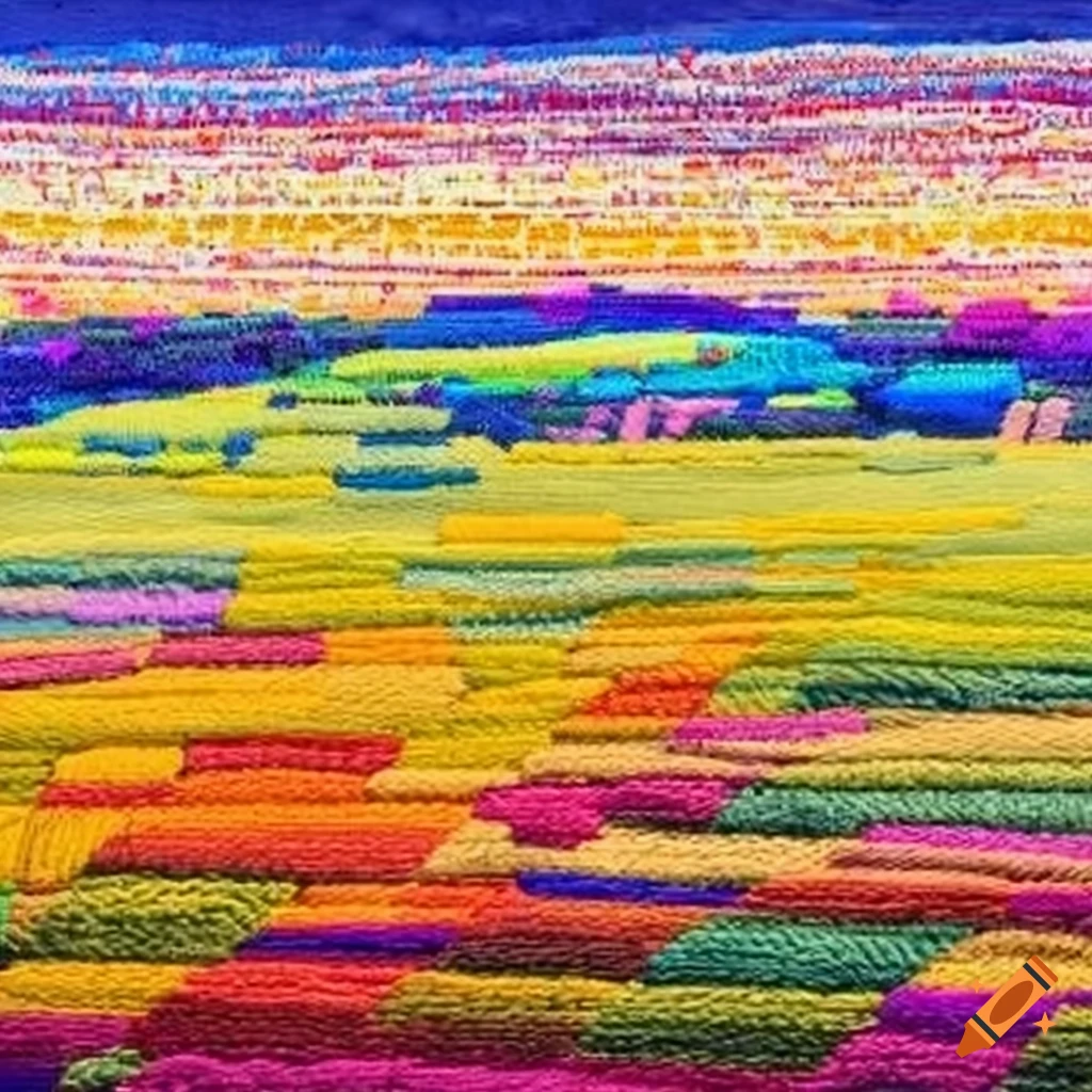 Stitched art of fields, rolling hills, and Nebraskan buildings on Craiyon