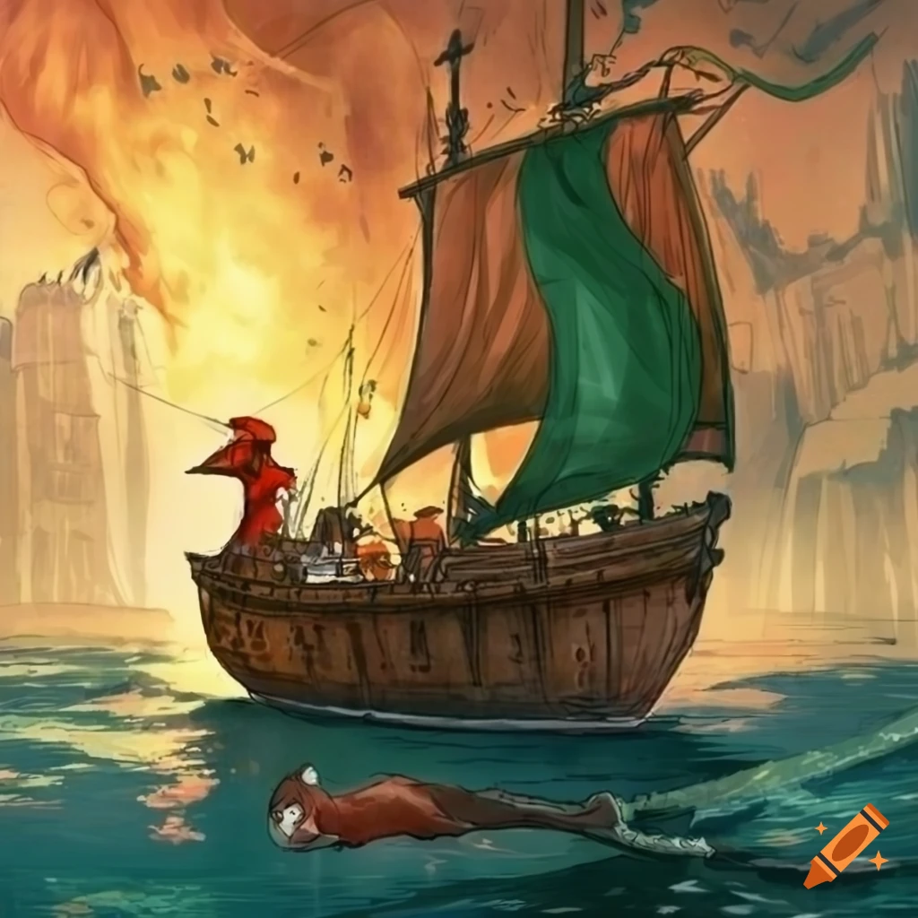 Manga child with fox ears and tail on a seafaring merchant vessel in a ...