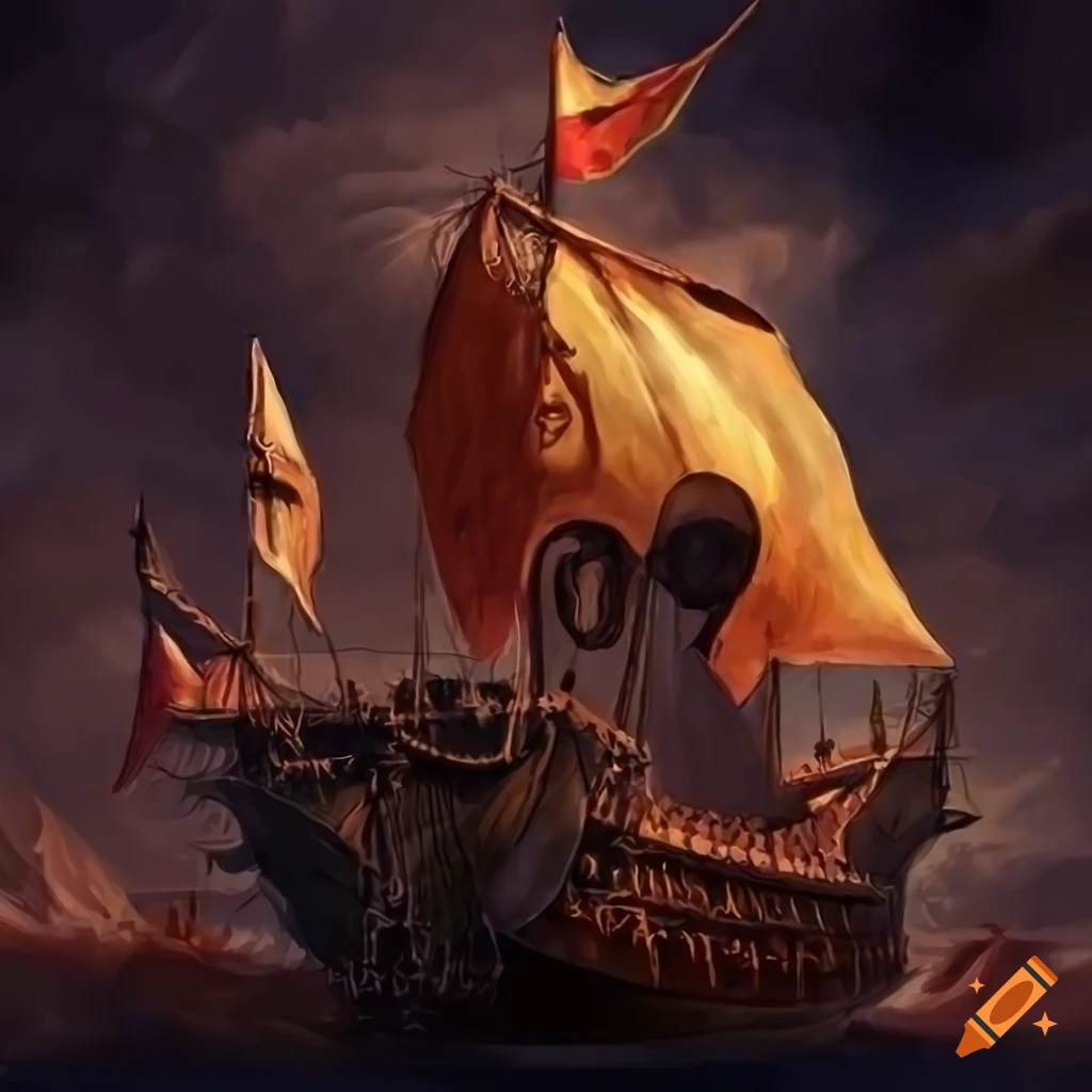 Medieval fantasy merchant galleon with fox symbol and desert fox ...