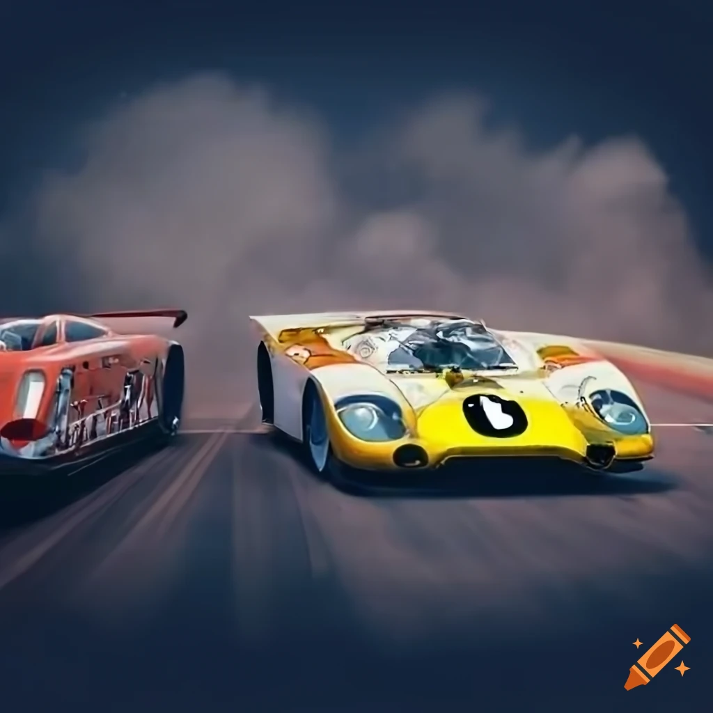 Vintage indy grand prix scene with porsche 917 and ford gt40 on raceway ...