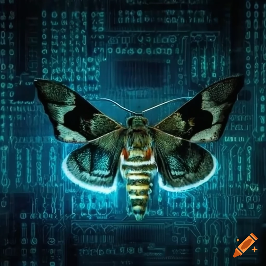 Robot-moth causing cyberattack on computer chip on Craiyon