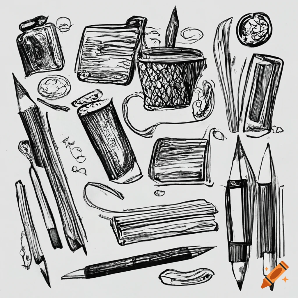 Vintage writing tools from 1900 to 1960 in black and white on Craiyon