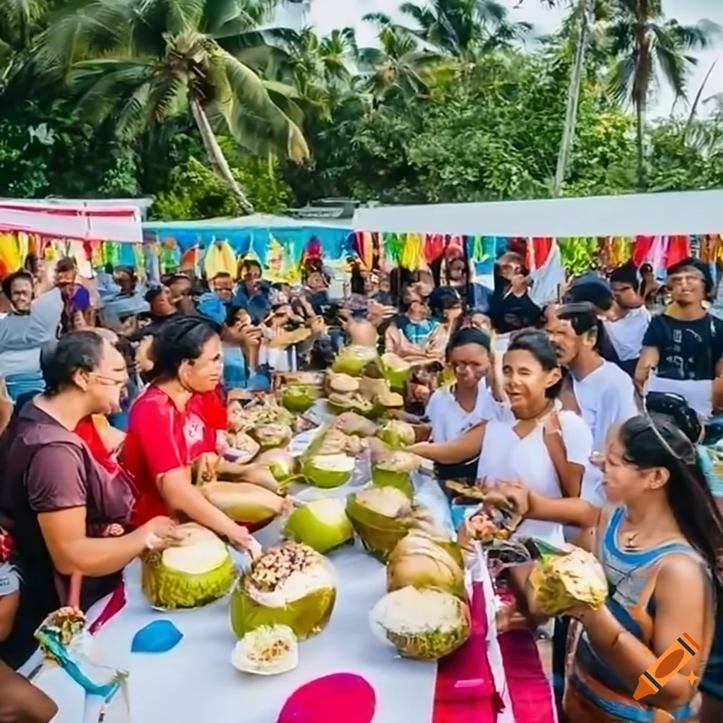 Coconut eating competition under the sunlight with colorful banners on ...