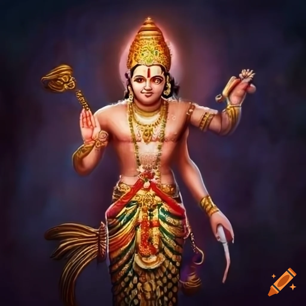 Mythological representation of Lord Vishnu as a half-fish, half-human ...