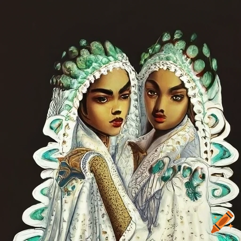 Two african american sisters in flowing white robes embracing each ...