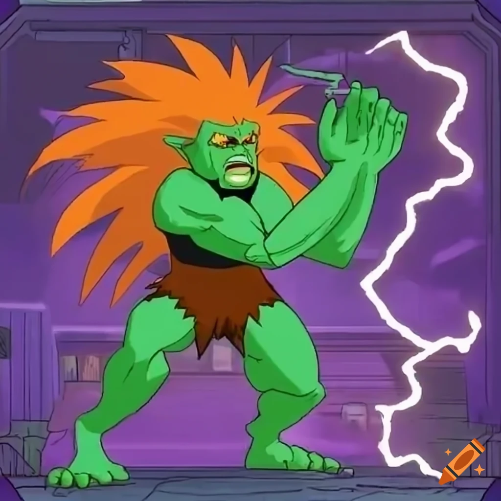 Cartoon character performing electric attack on aliens in cosmic ...