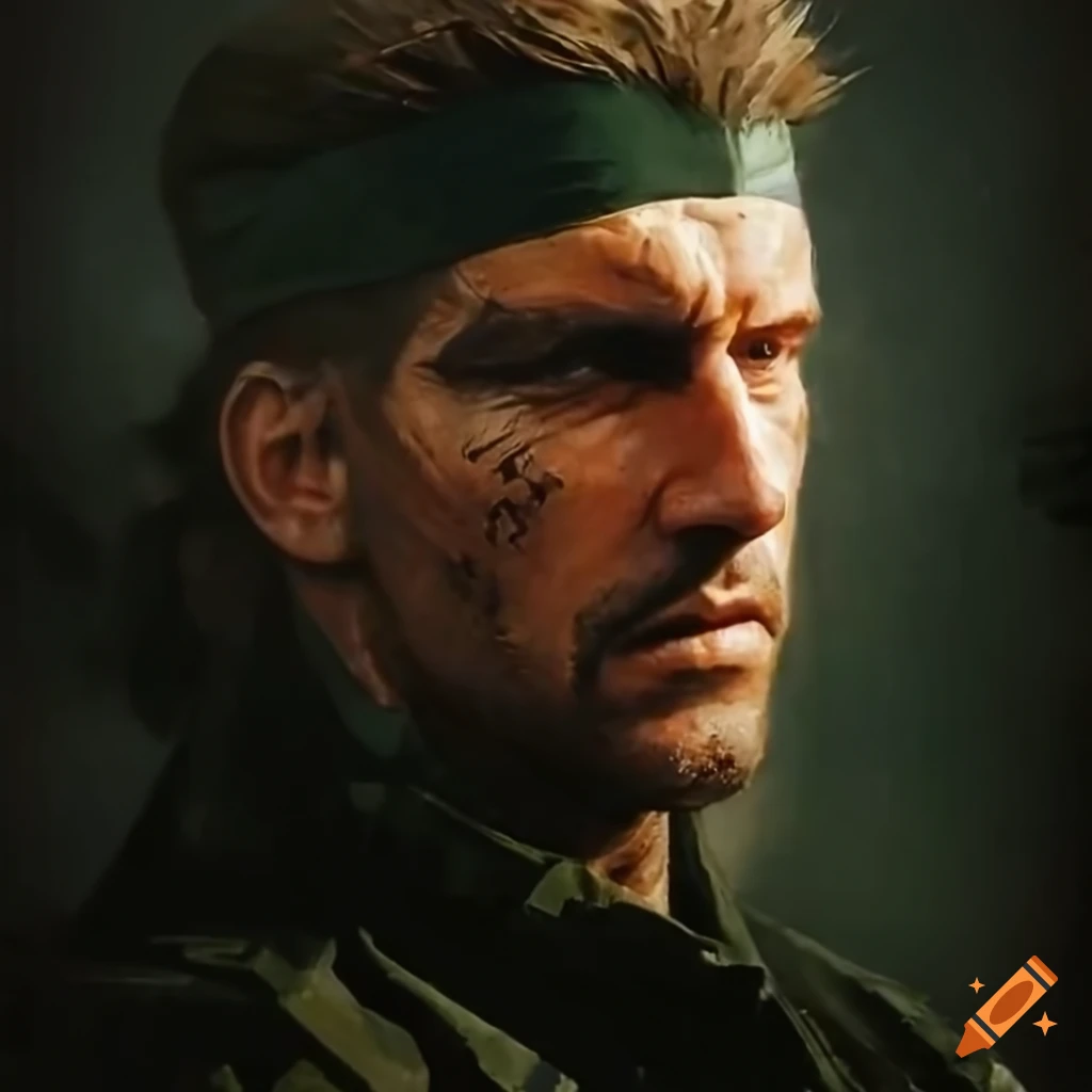 Portrait of solid snake in desert wearing bandana and camouflage outfit ...