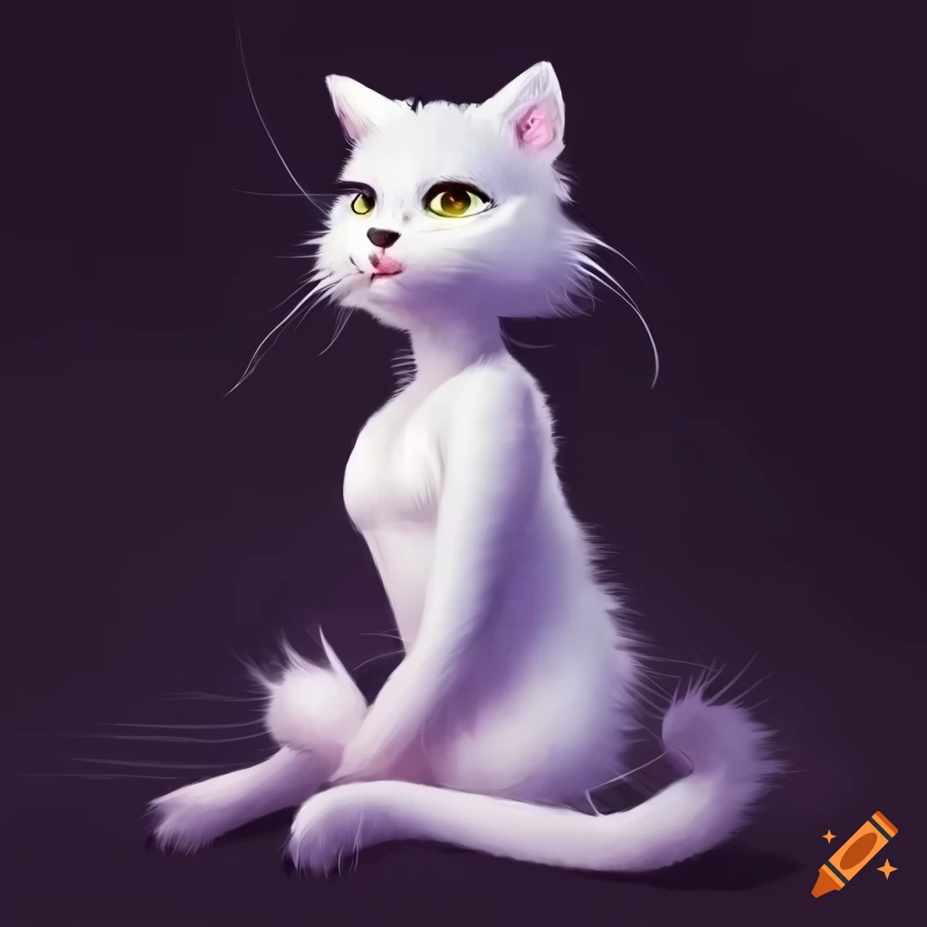 Anthropomorphic furry cat girl sitting on a sofa with white fur on Craiyon