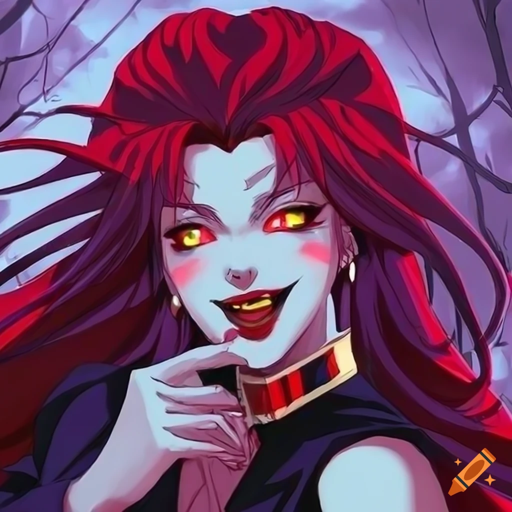 Female vampire with dark red hair in 80s anime style artwork on Craiyon