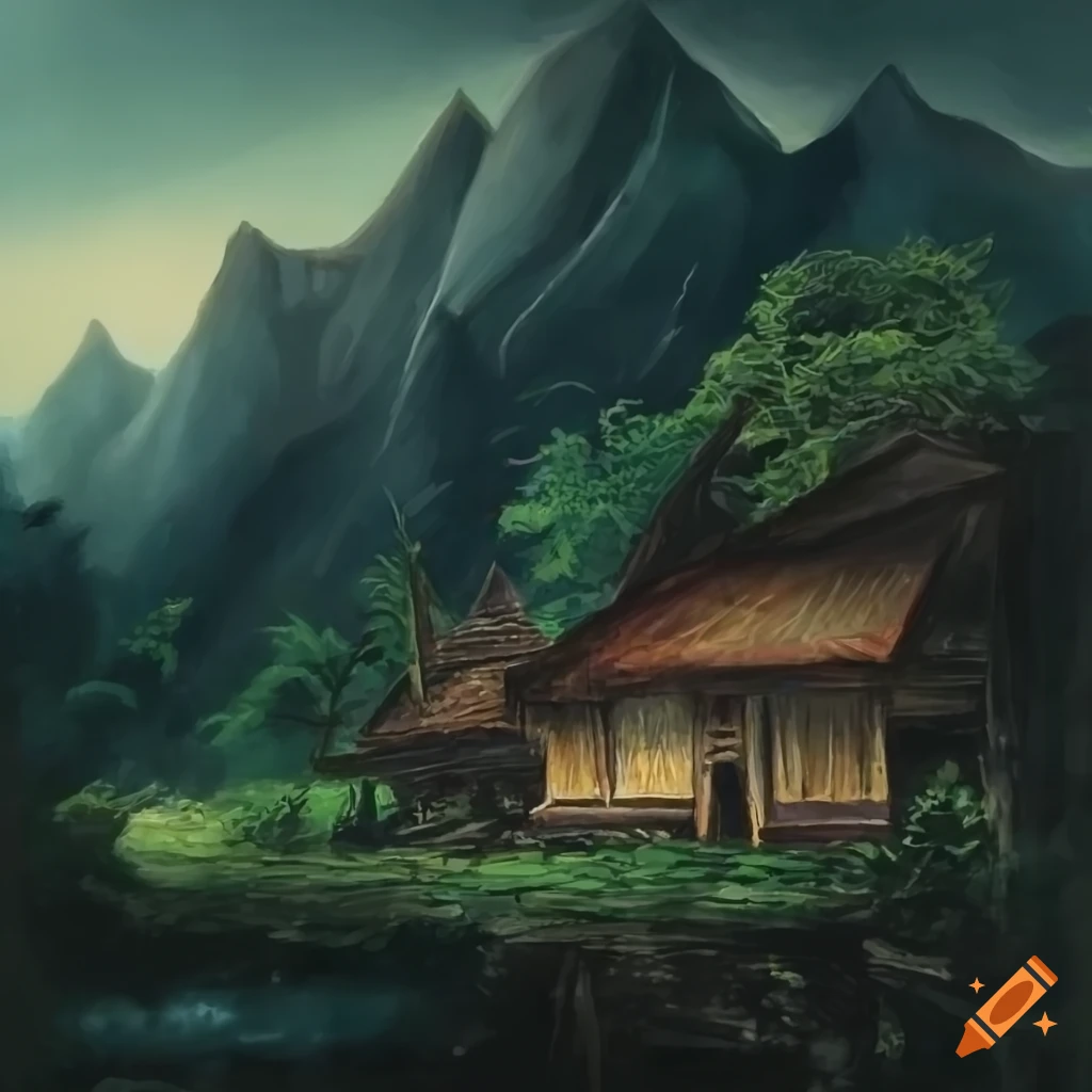 Old javanese house at the foot of mountain range surrounded by forests ...