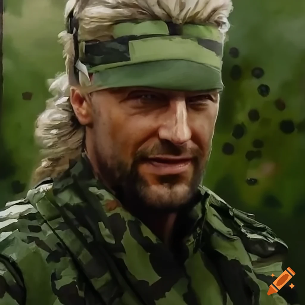 Smiling solid snake in desert wearing bandana and camouflage outfit on ...
