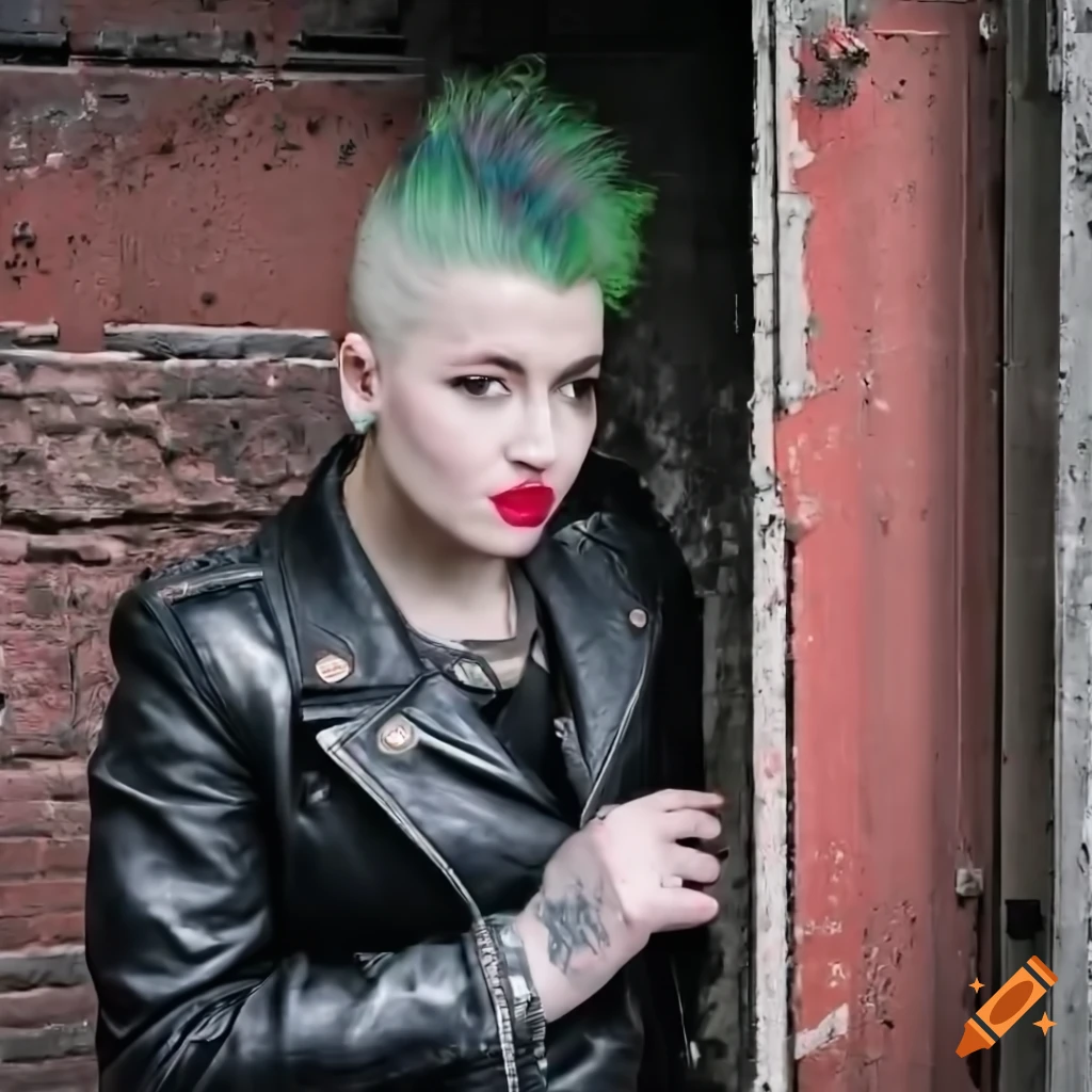 English punk-rocker woman with mohawk hairstyle and leather outfit on ...