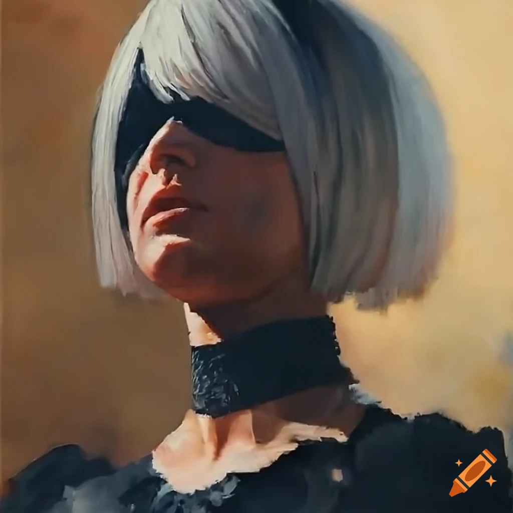 Portrait of 2B from Nier Automata with katana in a desert setting on ...