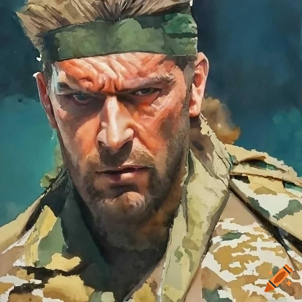Portrait of solid snake in desert with bandana and camouflage outfit on ...