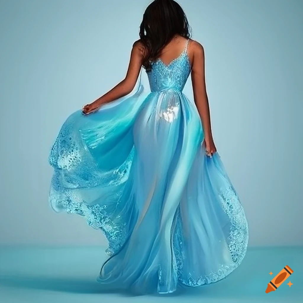 Light blue pearlescent flowing water dress on Craiyon