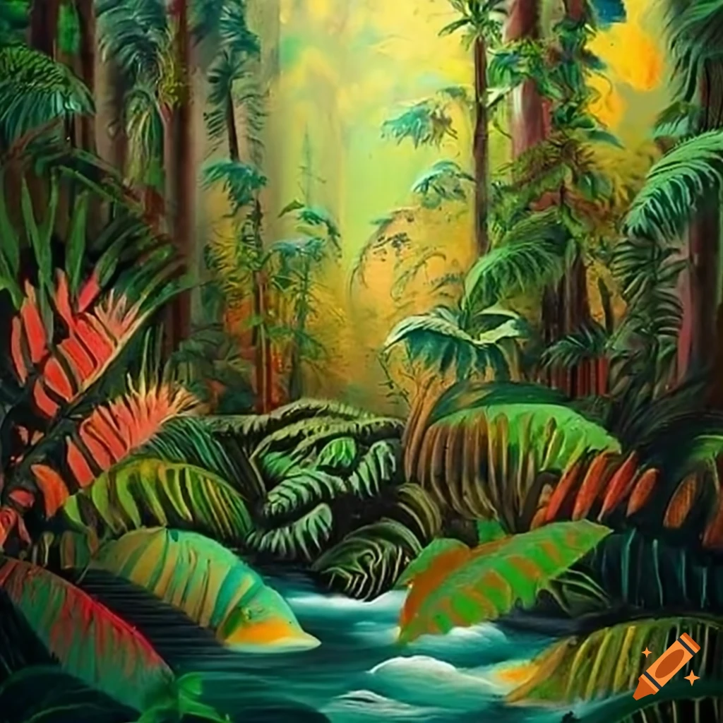 Tropical rainforest with flat terrain and water pools on Craiyon