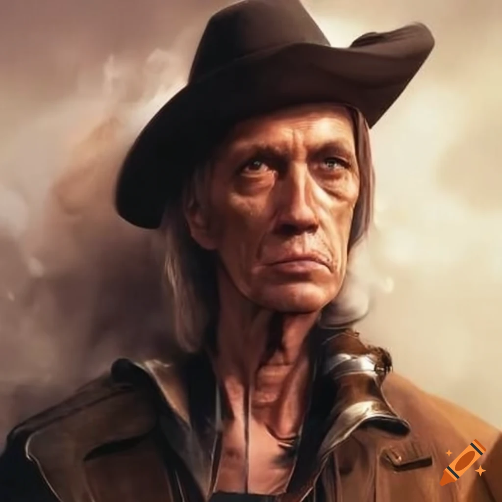 Gaunt, tall man in futuristic cowboy outfit on Craiyon