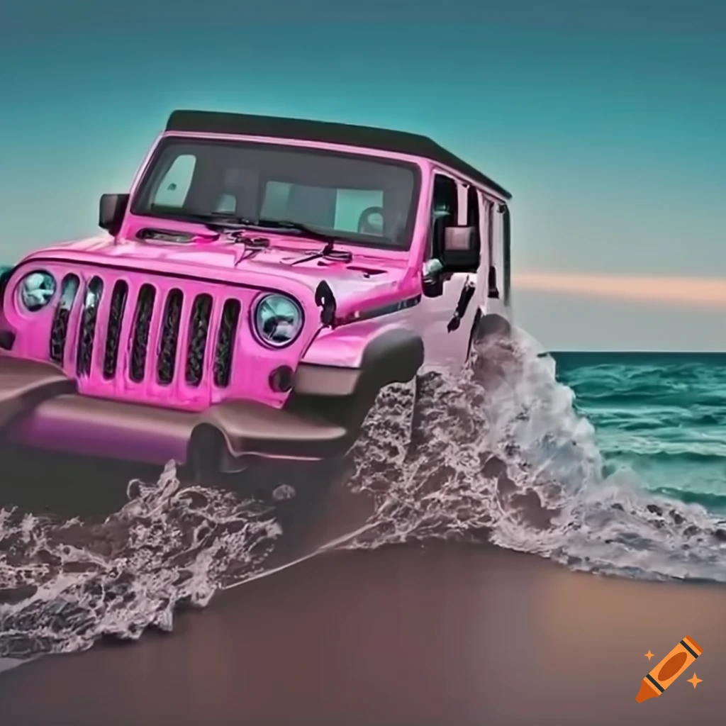 Pink Jeep Wrangler driving on an exotic beach with splashing water ...
