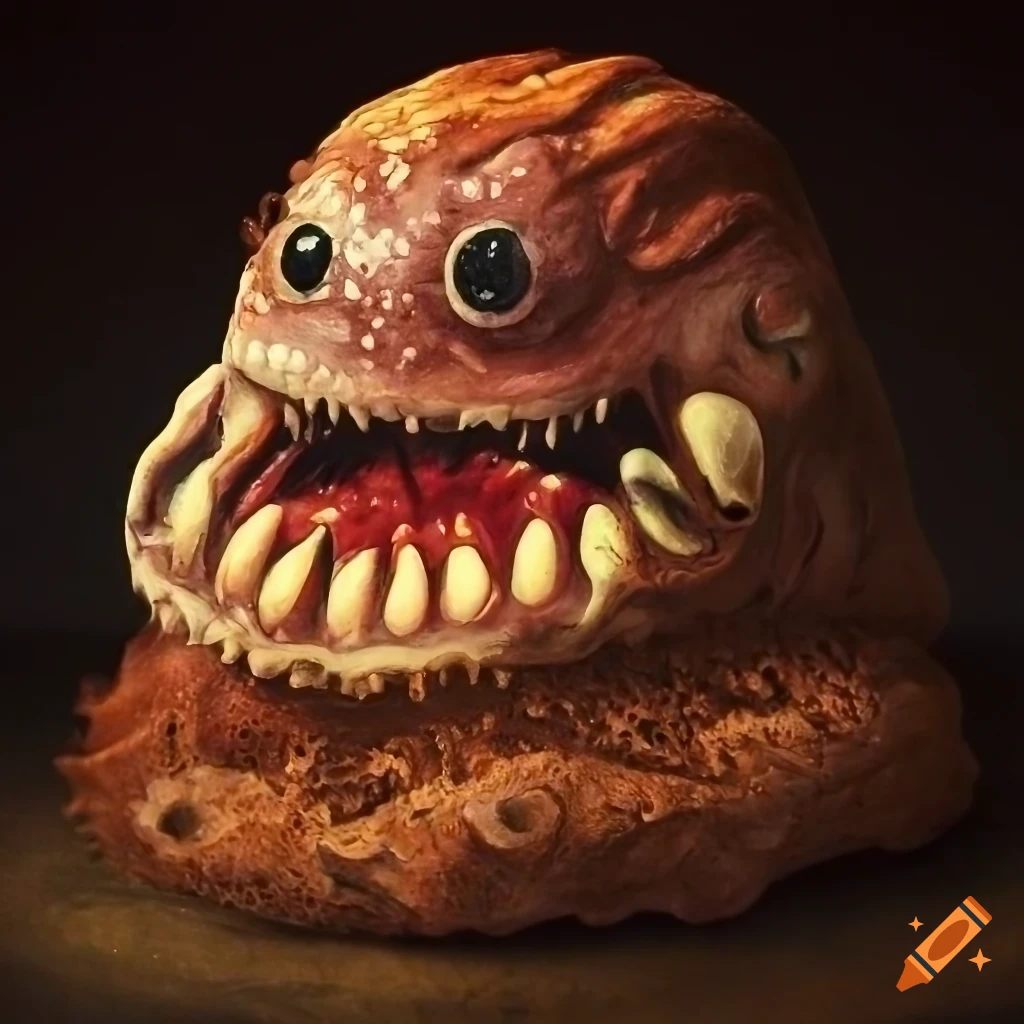 Detailed bread loaf monster with teeth, tentacles, and pustules on Craiyon