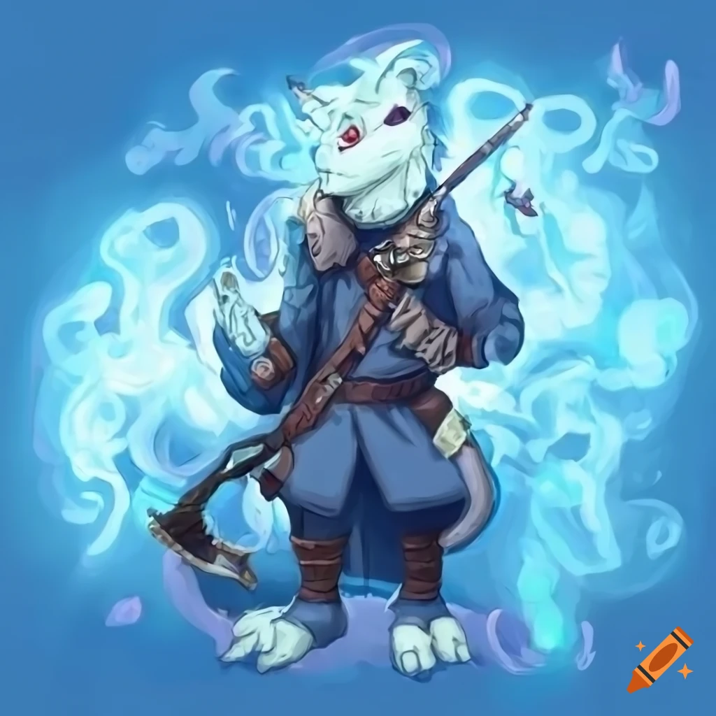 Dnd kobold with white and blue scales holding a mace and shield in a ...