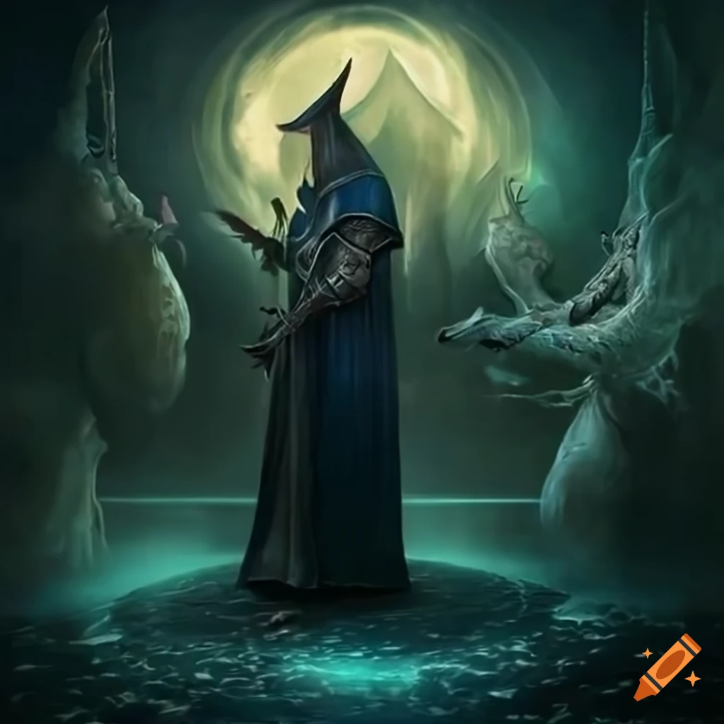 Medieval sorcerer summoning a fantastic creature in a magic circle on ...