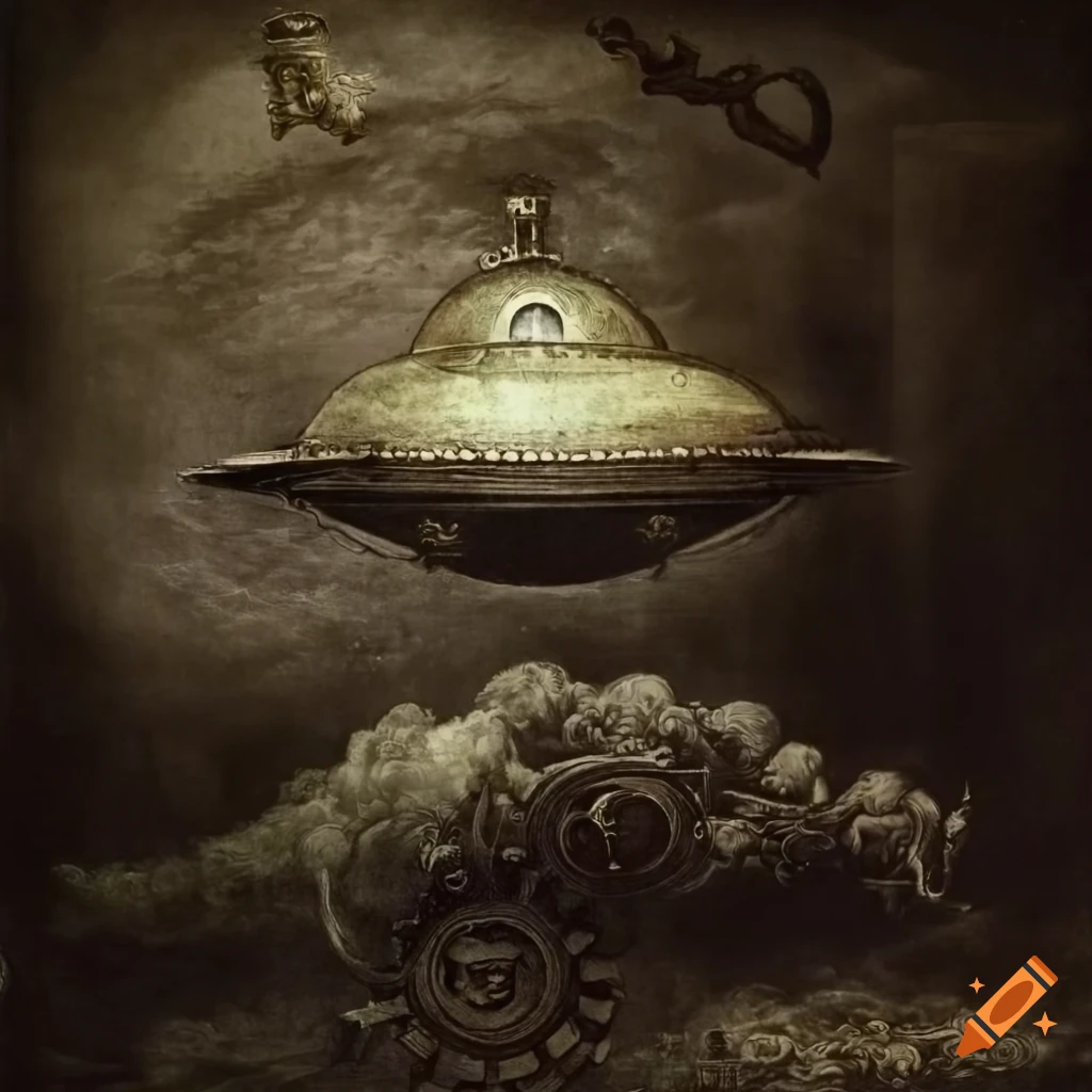 Surreal mezzotint artwork of a flying UFO city with steampunk elements ...
