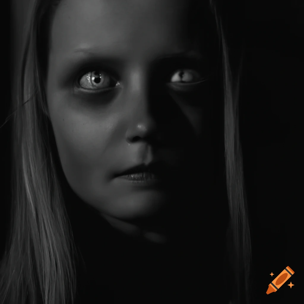 Close-up portrait of emily with haunting gaze and twisted smile at the ...