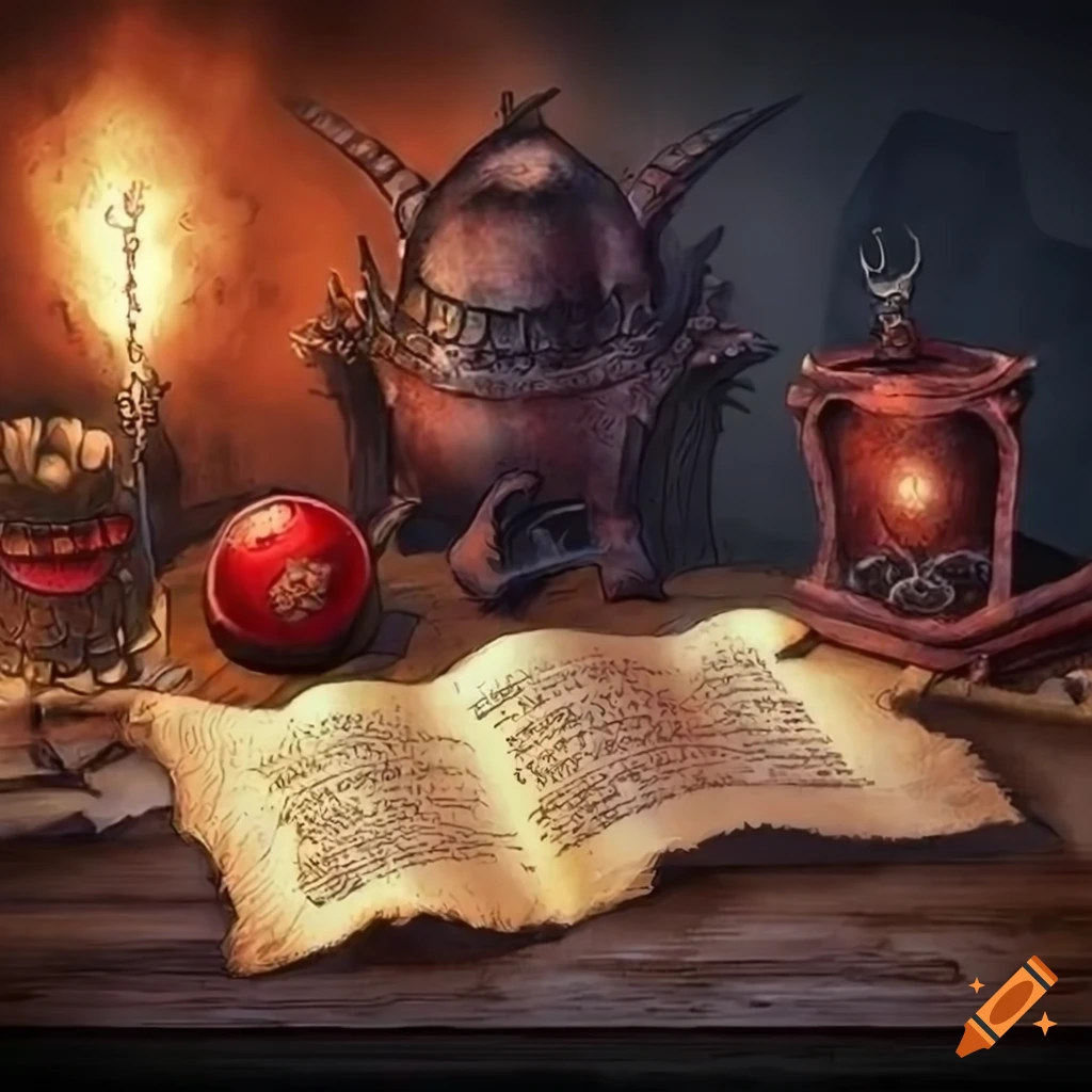 Medieval scroll with mysterious symbols and a red seal in a demon's ...